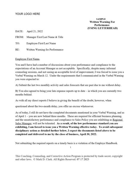 Written Warning Sample For Performance Corrective Action Policy