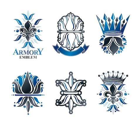 로얄 기호 백합 꽃 꽃과 왕관 상징 세트 전 령 벡터 디자인 요소 컬렉션입니다 복고 스타일 레이블 문장 로고입니다