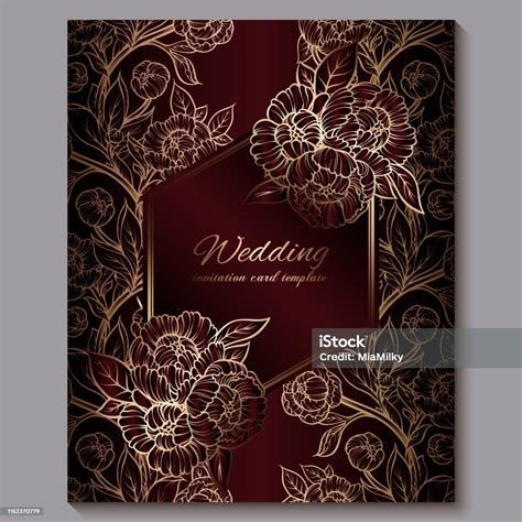 절묘 한 레드 로얄 럭셔리 웨딩 초대장 텍스트 프레임 및 장소 골드 꽃 배경 황금 반짝 그라데이션 장미 또는 모란으로 만든 레이스 단풍 0명에 대한 스톡 벡터 아트 및 기타