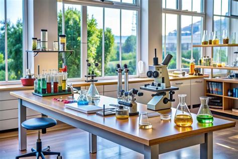 scientific workspace with instrumentfilled table for experiments