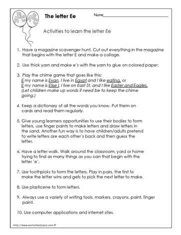 Teach The Letter E Worksheets