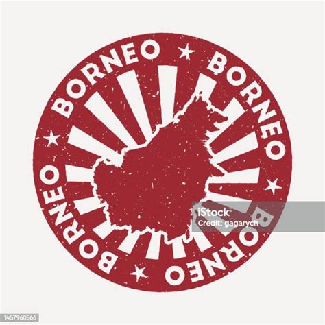 보르네오 우표 섬의 지도 벡터 삽화와 함께 빨간 고무 스탬프를 여행합니다 보르네오의 휘장 로고 타입 라벨 스티커 또는 배지로 사용할 수 있습니다 0명에 대한 스톡 벡터 아트