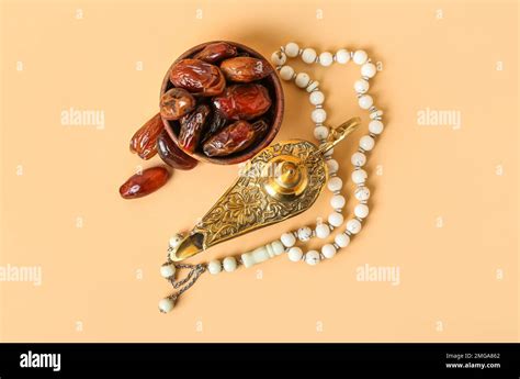 Aladdin Lamp Of Wishes Dates And Prayer Beads For Ramadan On Beige
