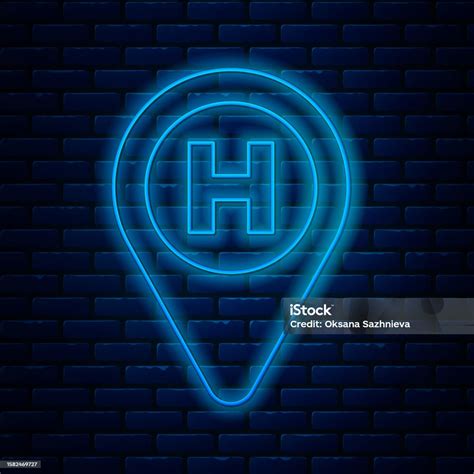 빛나는 네온 라인 헬리콥터 착륙장 아이콘은 벽돌 벽 배경에 분리되어 있습니다 헬기 착륙장 지역 플랫폼 H 문자 벡터 알파벳 H에