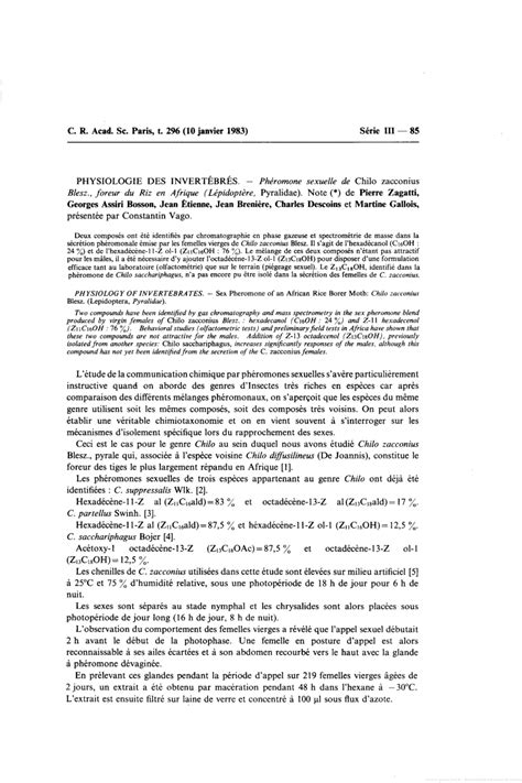 Pdf Sex Pheromone Of An African Rice Borer Moth Chilo Zacconius Blesz Lepidoptera Pyralidae