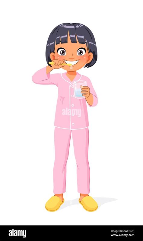Cute Asian Girl Brushing Her Teeth Cartoon Vector Illustration Stock