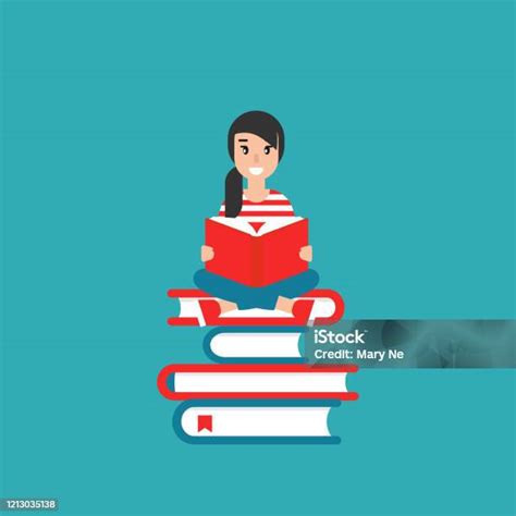 넓은 파란색 배경에 책의 스택에 앉아 빨간 책귀여운 소녀 창의적인 학생 광대한에 대한 스톡 벡터 아트 및 기타 이미지 광대한 교사 교육 관련 직업 교습 Istock