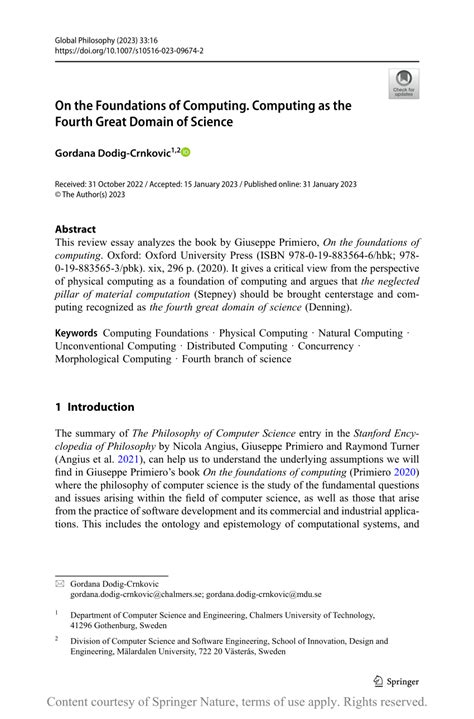 Pdf On The Foundations Of Computing Computing As The Fourth Great Domain Of Science