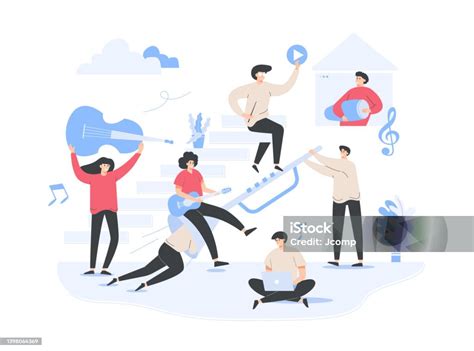 음악가 웹 템플릿 휴대 전화 방문 페이지 템플릿 Ui 웹 모바일 앱 포스터 배너 플랫 벡터 일러스트 레이 션을위한 만화 스타일 스크린 웹 템플릿에 의한 음악 작업