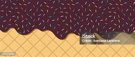 심플한 스프링클 패턴 초콜릿 브라운 웨이브 보더에 화려한 스프링클 웨이퍼에 녹은 딸기 아이스크림 벡터 일러스트 레이 션 0명에