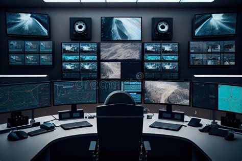Surveillance Room With Multiple Monitors Showing Different Views Of The Same Location Stock