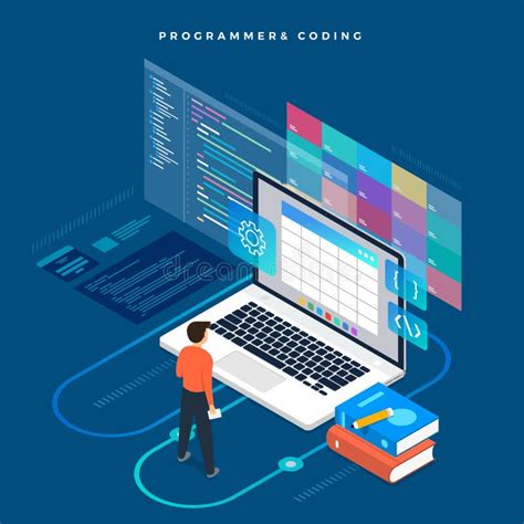 Isometric Flat Design Concept Programmer And Coding Vector