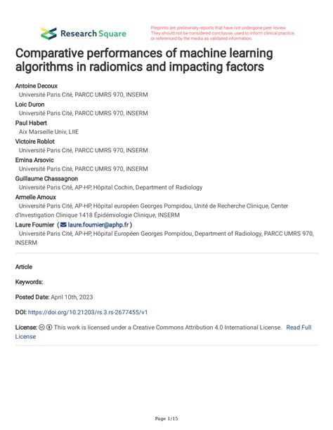 Pdf Comparative Performances Of Machine Learning Algorithms In Radiomics And Impacting Factors