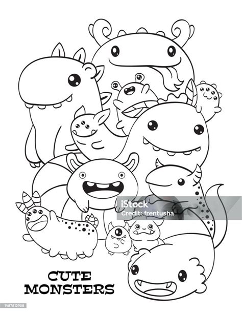 색칠을 위한 외계인이 있는 흑백 패턴 귀여운 괴물 친구들 어린이와 성인을 위한 판타지 캐릭터가 있는 색칠 공부 페이지 색칠하기 책 안티 스트레스 몬스터에 대한 스톡 벡터