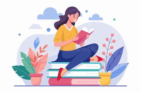 A Woman Sitting On A Large Stack Of Books Possibly Doing Homework Or