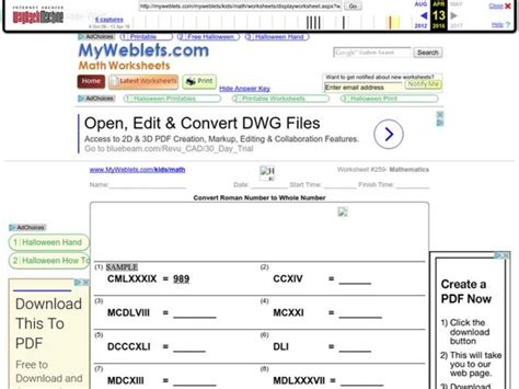 Convert Roman Number To Whole Number Worksheet For 4th 6th Grade