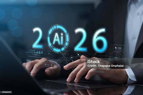 미래 기술 혁신 인공 지능 데이터 분석 디지털 트랜스포메이션 머신 러닝 트렌드를 보여주는 Ai 2026 홀로그램 인터페이스가 있는 노트북을 사용하는 사업가 2026년에 대한