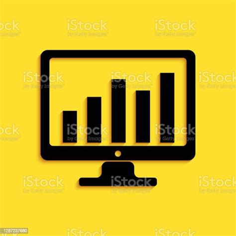 노란색 배경에서 격리된 재무 차트 및 그래프 아이콘이 있는 블랙 컴퓨터 화면입니다 차트 막대 및 재무 분석 긴 그림자 스타일 벡터 0명에 대한 스톡 벡터 아트 및 기타