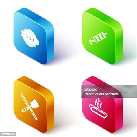 아이소 메트릭 라인 바베큐 그릴 구운 시시 케밥 교차 나이프와 주걱 및 핫도그 샌드위치 아이콘을 설정합니다 벡터 3차원 형태에 대한 스톡 벡터 아트 및 기타 이미지 Istock