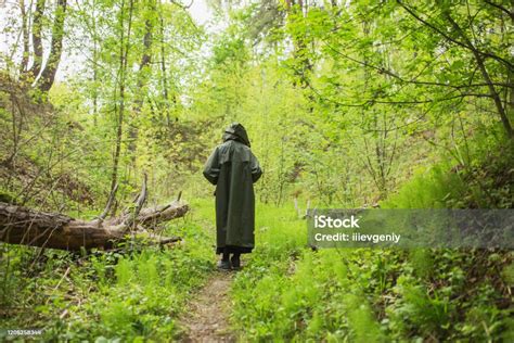 비옷을 입은 남자는 젖은 숲의 배경에 다시 서있다 건강한 라이프 스타일 녹색 여름 자연입니다 비옷을 입은 남자 숲에서 비입니다