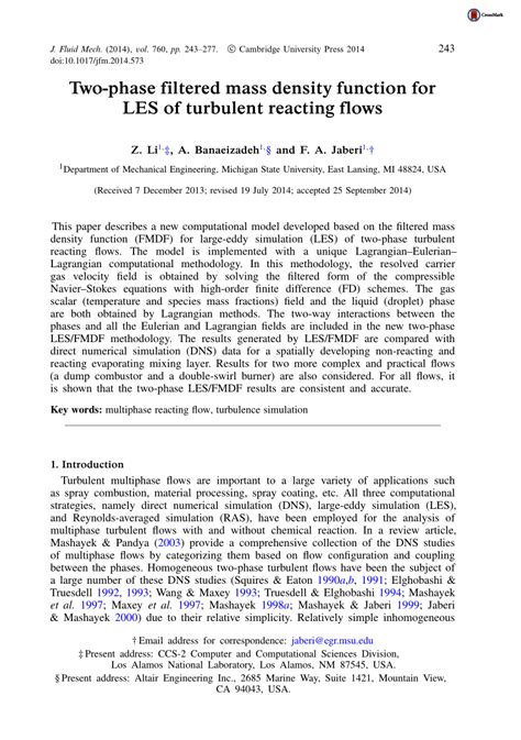 Pdf Two Phase Filtered Mass Density Function For Les Of Turbulent
