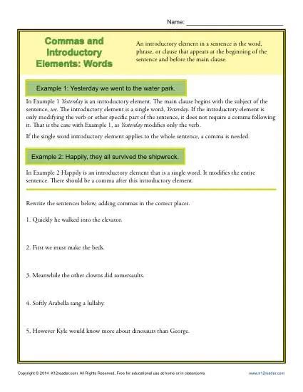 Commas And Introductory Elements Words Punctuation Worksheets