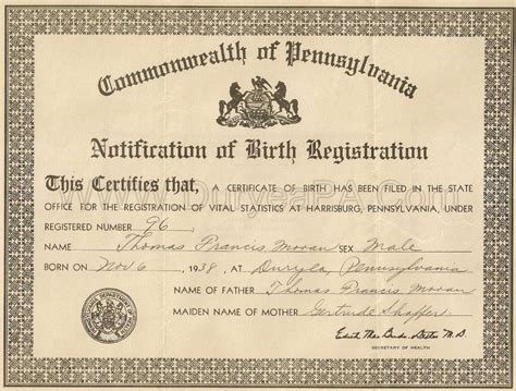 Blank Pennsylvania Birth Certificate