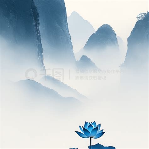 极简风格数字艺术 国潮画风蓝色莲花，极简风格古风简约插画 Ai平面元素免费下载 Png格式 2688像素 编号70907858 千图网