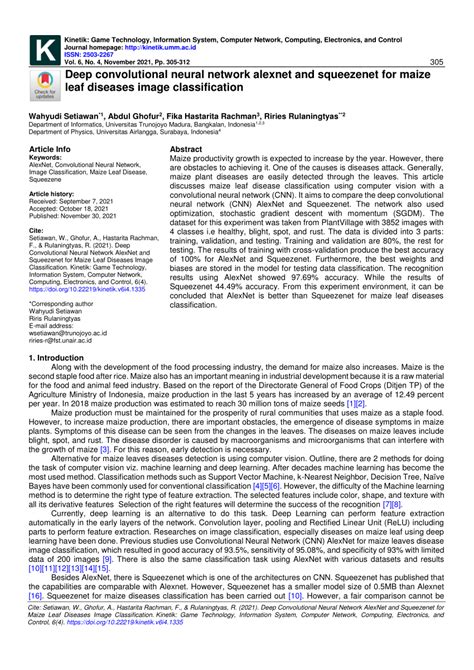 PDF Deep Convolutional Neural Network AlexNet And Squeezenet For Maize Leaf Diseases Image