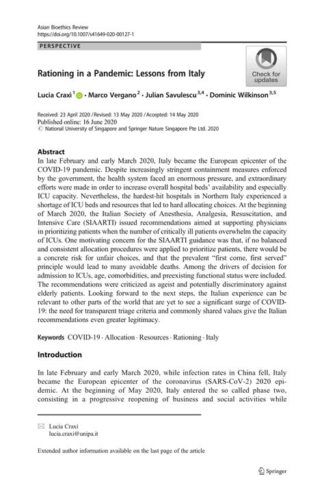 Pdf Rationing In A Pandemic Lessons From Italy Asian Bioethics Review