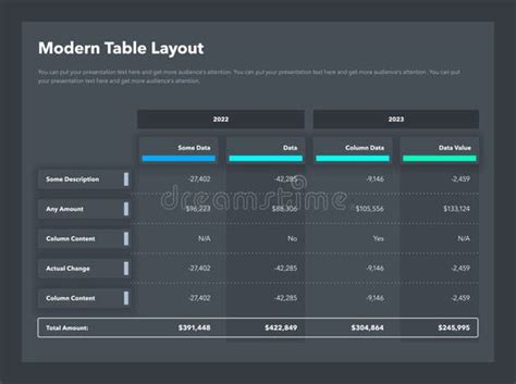 Modern Table Layout Template With Years Columns And A Total Sum Row