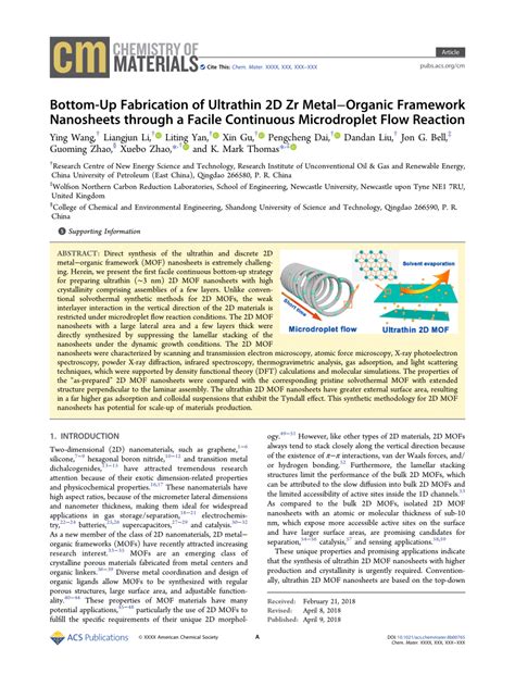 Pdf Bottom Up Fabrication Of Ultrathin 2d Zr Metalorganic Framework Nanosheets Through A