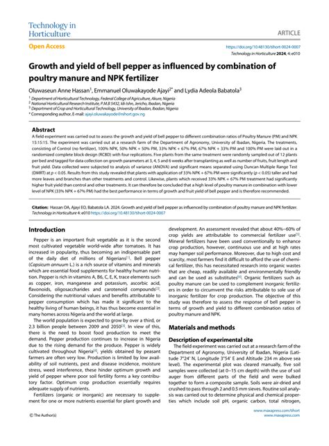 (PDF) Growth and yield of bell pepper as influenced by combination of poultry manure and NPK ...