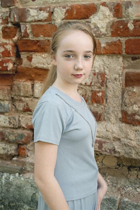 Close Up Portrait Of A Beautiful Blonde Girl With Braids Against A