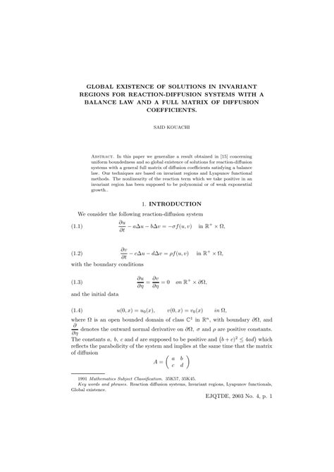 Pdf Global Existence Of Solutions In Invariant Regions For Reaction
