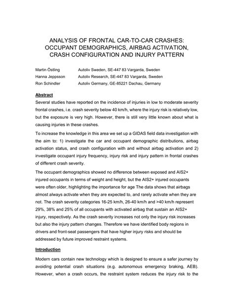 Pdf Analysis Of Frontal Car To Car Crashes Occupant Demographics Airbag Activation Crash
