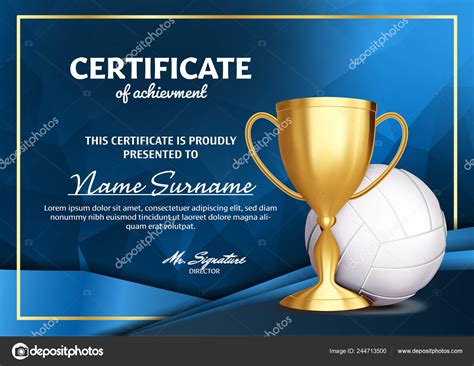 Diploma De Certificado De Voleibol Con Vector De Copa De Oro Plantilla