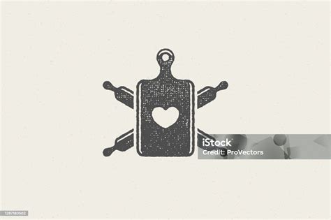 하트 심볼 핸드 그린 스탬프 효과 벡터 일러스트가 있는 롤링 핀의 실루엣이 교차하고 도마를 칠했습니다 도마 요리 도구에 대한 스톡 벡터 아트 및 기타 이미지 Istock