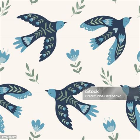 새 꽃 민속 스타일의 나뭇잎이 있는 벡터 매끄러운 패턴 평화의 비둘기 양식화된 장식용 꽃 요소가 있는 낙서 삽화 섬유 의류 침대