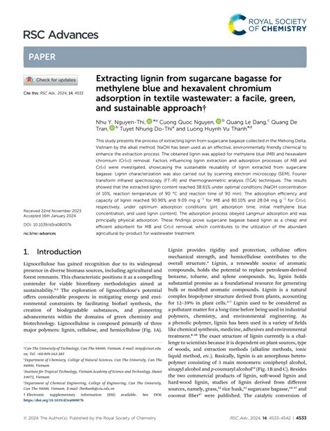 Pdf Extracting Lignin From Sugarcane Bagasse For Methylene Blue And Hexavalent Chromium