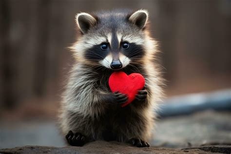 Ai Generated Raccoon Holding A Red Heart Valentines Day Concept Cute
