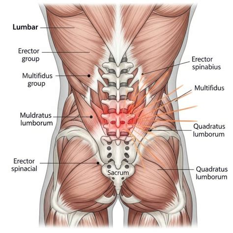 Anatomical View Of Lumbar Spine And Pelvis Muscles With Labeled