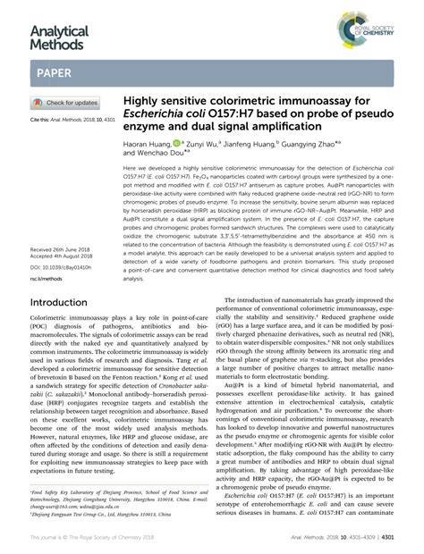 Pdf Highly Sensitive Colorimetric Immunoassay For Escherichia Coli O157 H7 Based On Probe Of