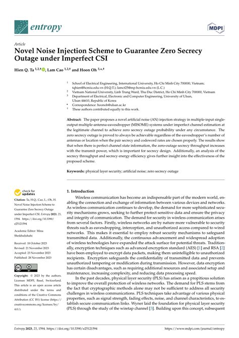 Pdf Novel Noise Injection Scheme To Guarantee Zero Secrecy Outage