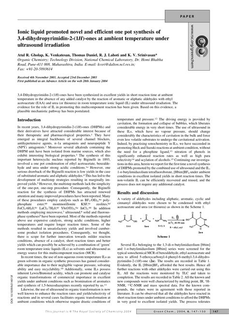 Pdf Ionic Liquid Promoted Novel And Efficient One Pot Synthesis Of 3