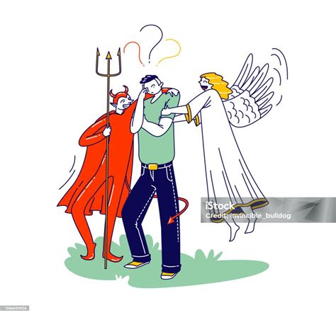 천사와 귀에 속삭이는 어깨 뒤에서 악마와 남성 캐릭터 도덕적 딜레마를 가진 사람은 결정을 내린다 악령 허구적 존재에 대한 스톡 벡터 아트 및 기타 이미지 Istock