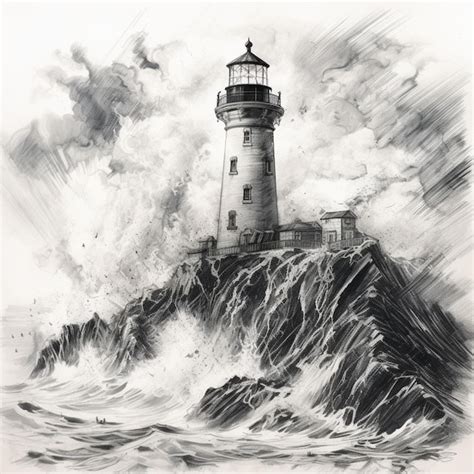 Premium Photo Drawing Of A Lighthouse On A Rocky Cliff With A Wave Crashing Generative Ai
