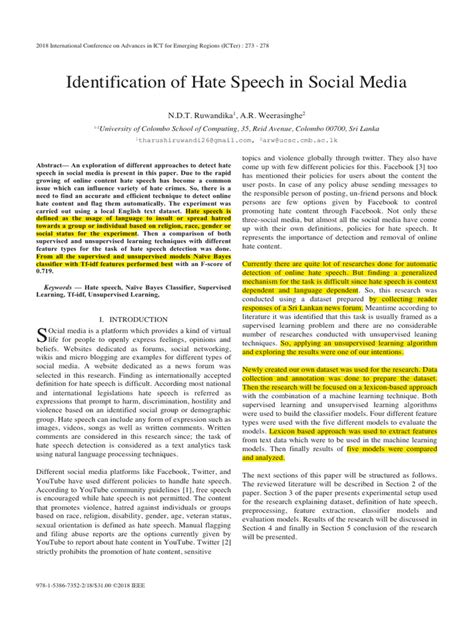 1 Identification Of Hate Speech In Social Media Pdf Machine