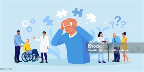 알츠하이머 병으로 고통받는 노인 환자는 의료 도움을 받고 있습니다 기억 상실 뇌 질환 치료 알츠하이머 병 치매 도티지 개념 신경학 치료 정신 질환 환자에 대한 스톡 벡터