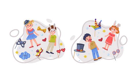 재미있는 카니발 마스크 세트를 가진 행복한 아이들 휴일을 축하하거나 카니발 사진 부스 파티 만화 벡터 일러스트레이션에서 즐거운 시간을 보내는 즐거운 소년과 소녀